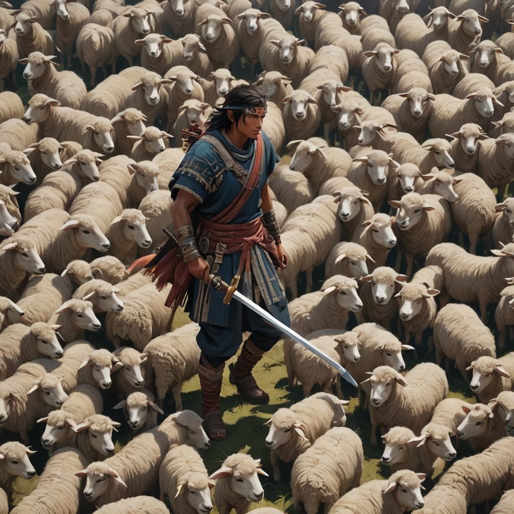 male incan shepherd with a sword many sheep - AI Generated Artwork ...