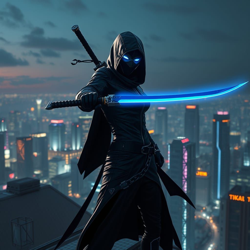 Cyberpunk concept art. Medium shot. A lone female ninja assassin in a ...