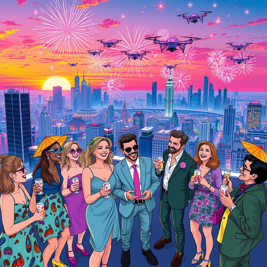 Vibrant rooftop gathering of stylishly dressed individuals laughing and ...