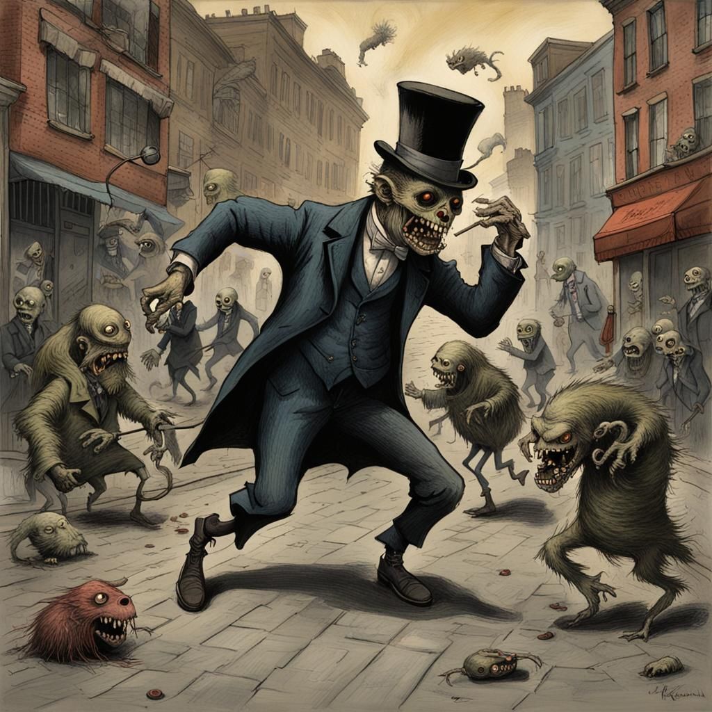 Disfigured monster, dressed in a top hat and formal wear, Violently ...