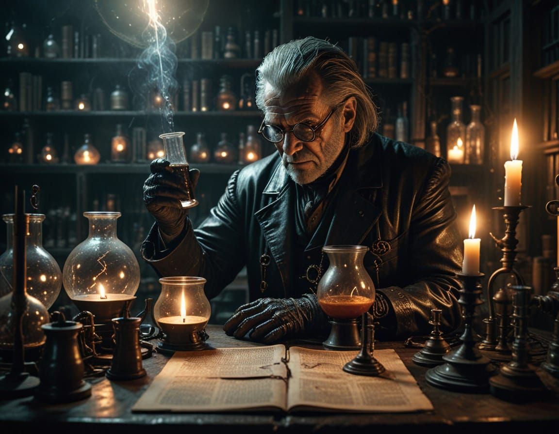 envision a mad scientist in a gothic laboratory, illuminated by ...