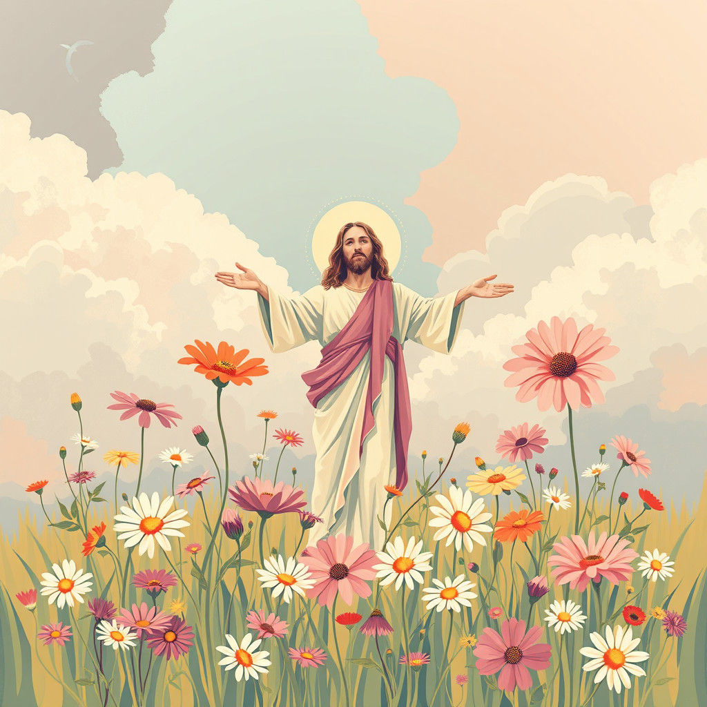 Vibrant Retro Jesus Blooms in a Whimsical Meadow - AI Art