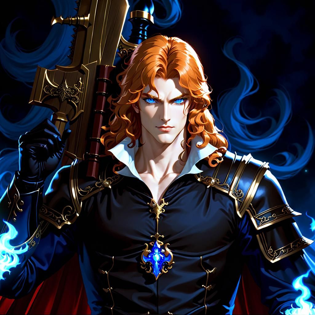 Ginger vampire male, long curly hair, glowing blue eyes. In the style ...