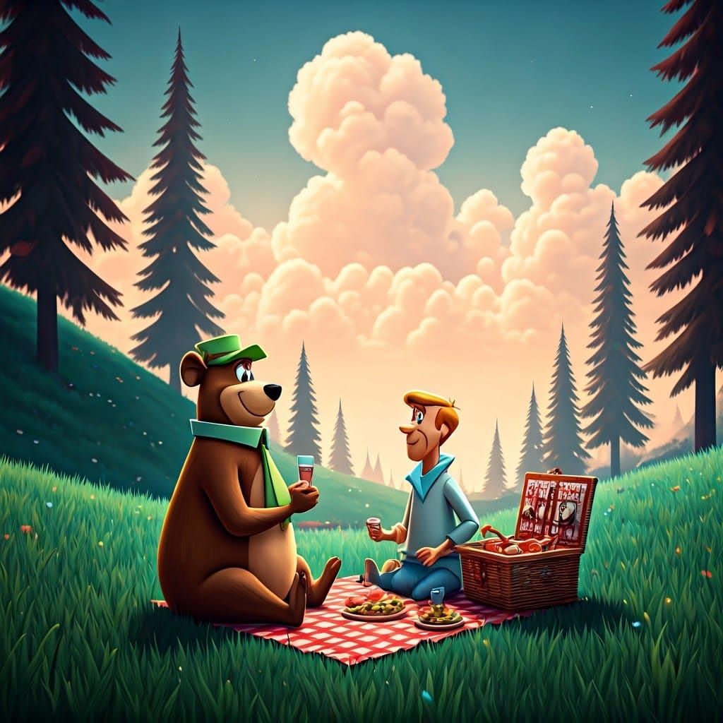 Yogi Bear and George Jetson having a picnic together.