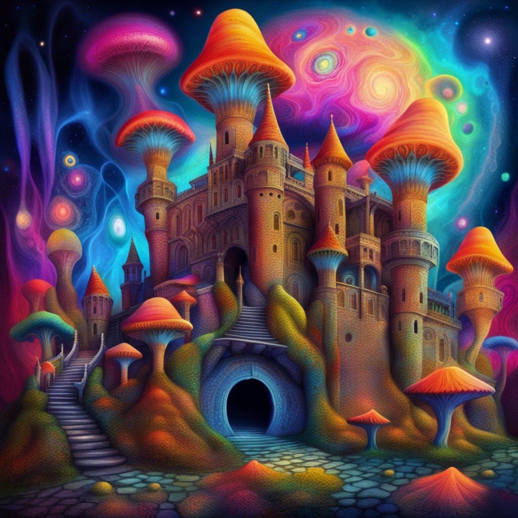 Psychedelic fantasy castle, cosmic, fungus, eyes, metamorphoses ...