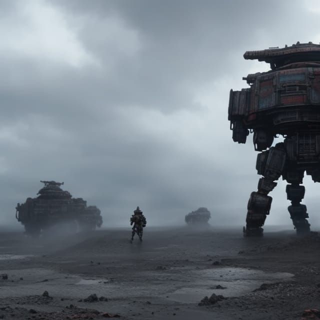 A massive cozy dancing war mech walking across a muddy and rainy field ...