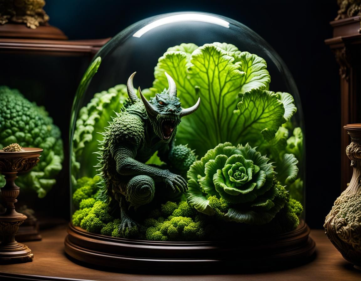 Epic photo of a weird Demon trapped in a terrarium ROMANESCO-CABBAGES ...