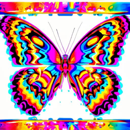A large, multicolored, psychedelic, beautiful, free-flying butterfly ...