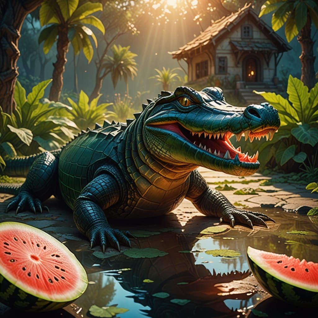 Surreal Watermelon Alligator Emerges in Vibrant Di... - AI Art
