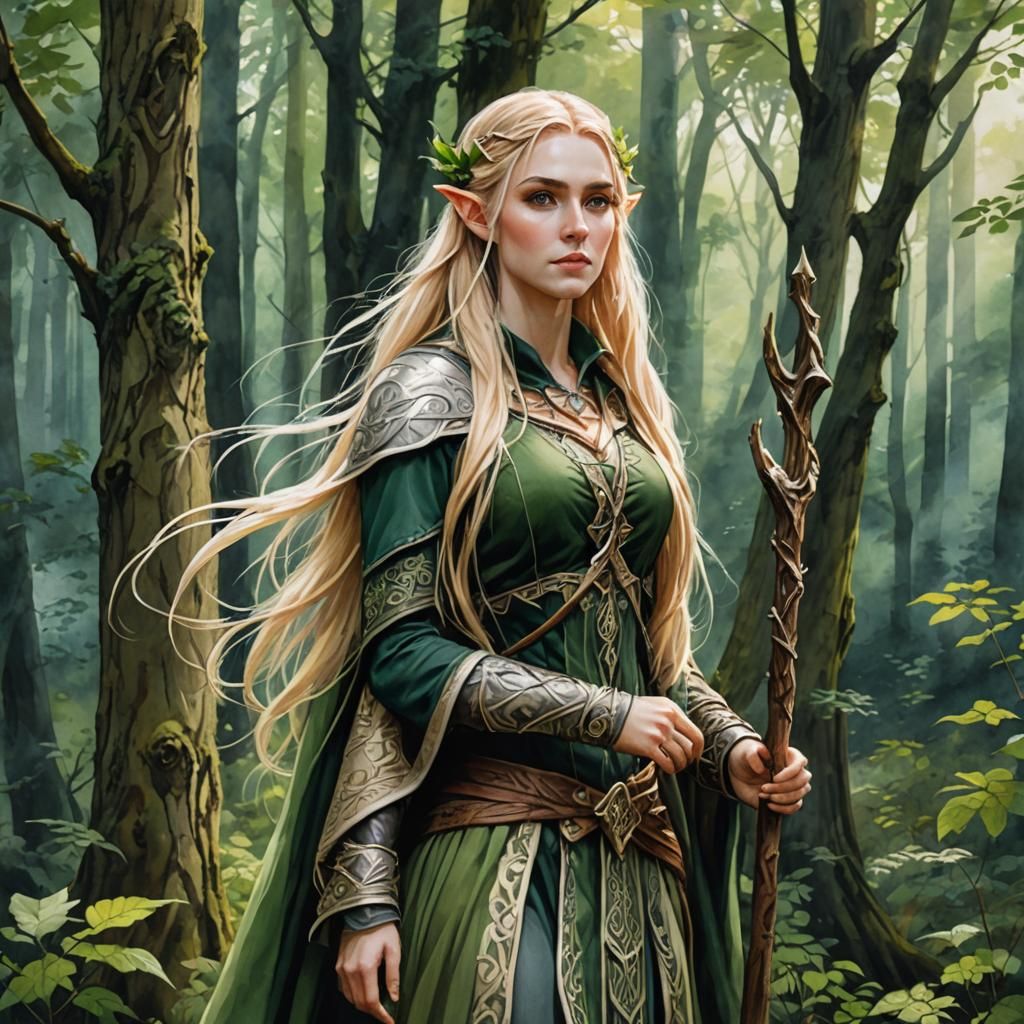 fullbody portrait of a young female druid elf with long blond hair in ...