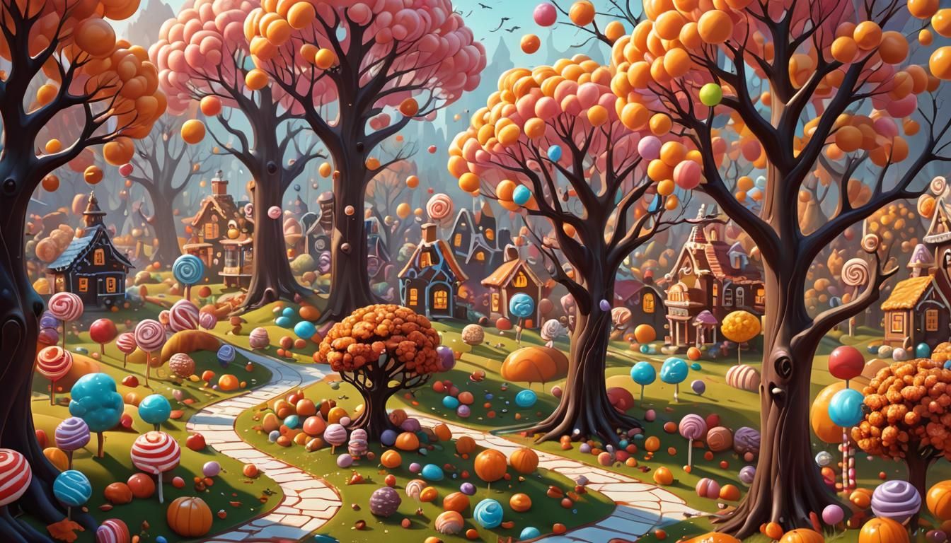 spooky candyland autumn scene caramel tree - AI Generated Artwork ...
