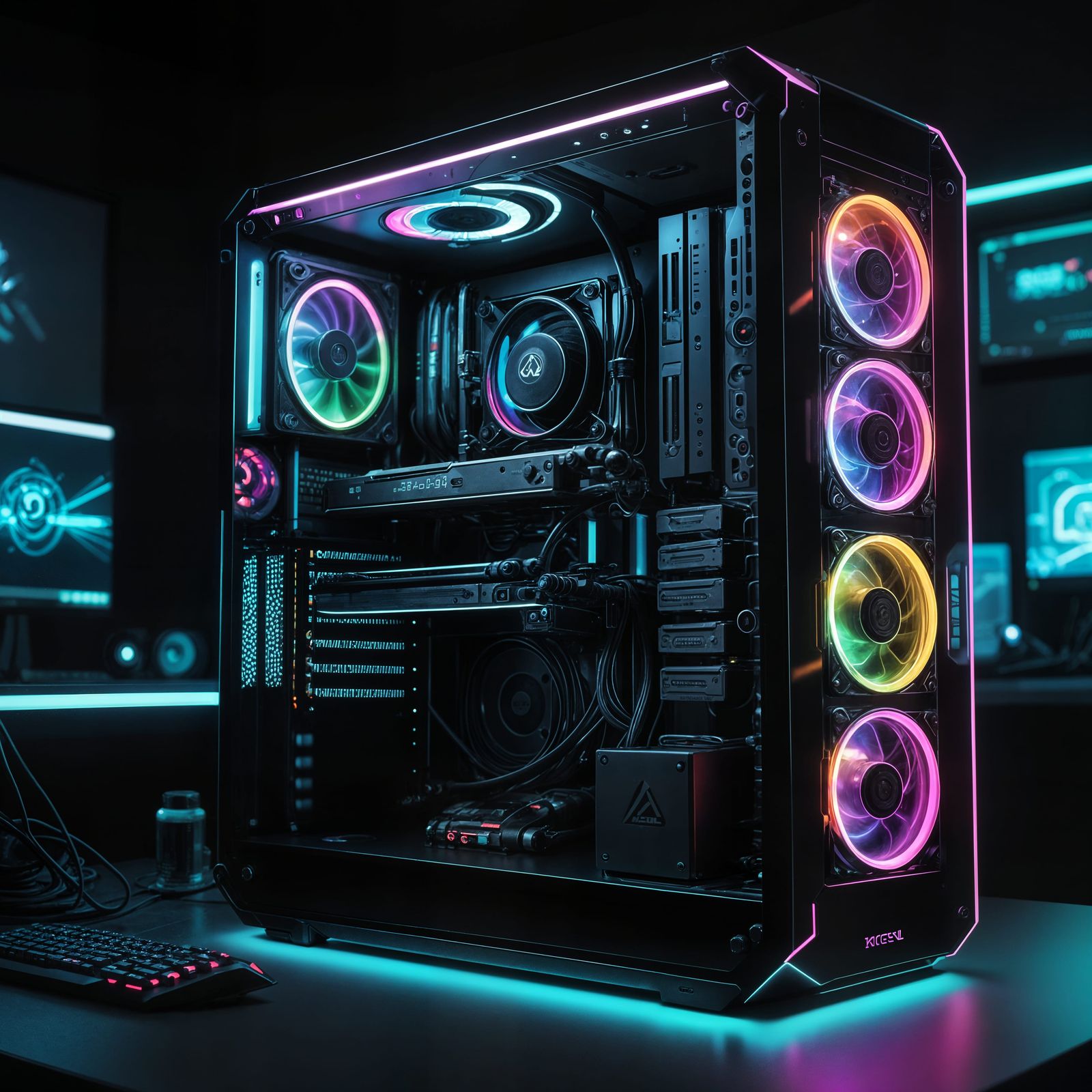 high-tech gaming PC with a sleek black tempered glass tower case ...