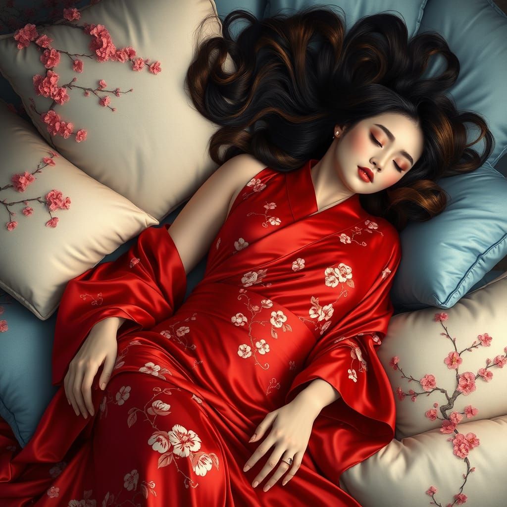 Ethereal Japanese Goddess in Crimson Silk - AI Art