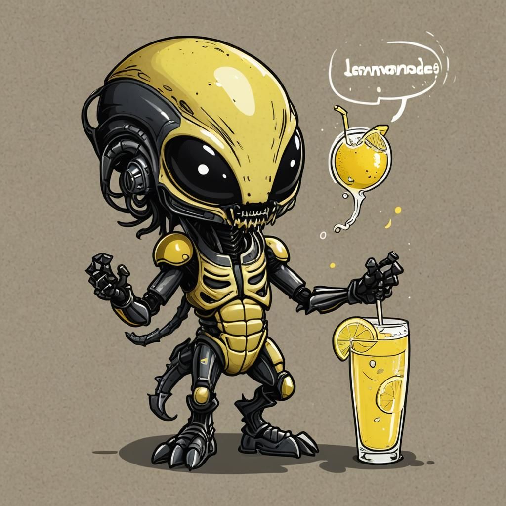 A Chibi bigheaded Anthropomorphic xenomorph lemon with arms and legs is ...