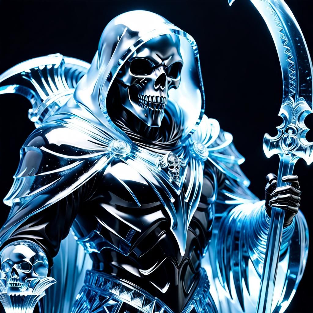 ice sculpture of reaper; ice, translucent, Hyper-Detailed, Maximalist ...