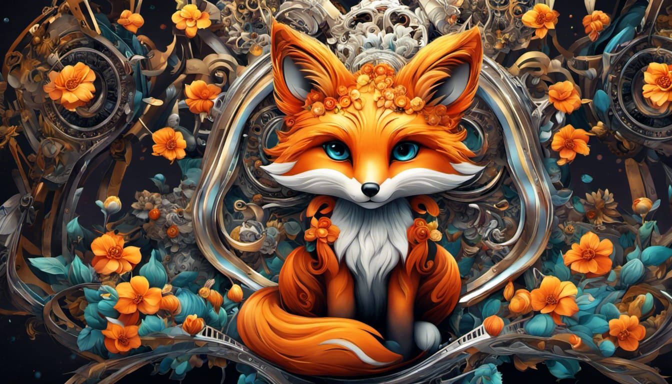 Exploded floral burnt amber and silver adorable chibi fox made of ...