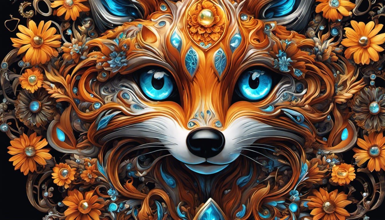 Exploded floral burnt amber and silver adorable chibi fox made of ...