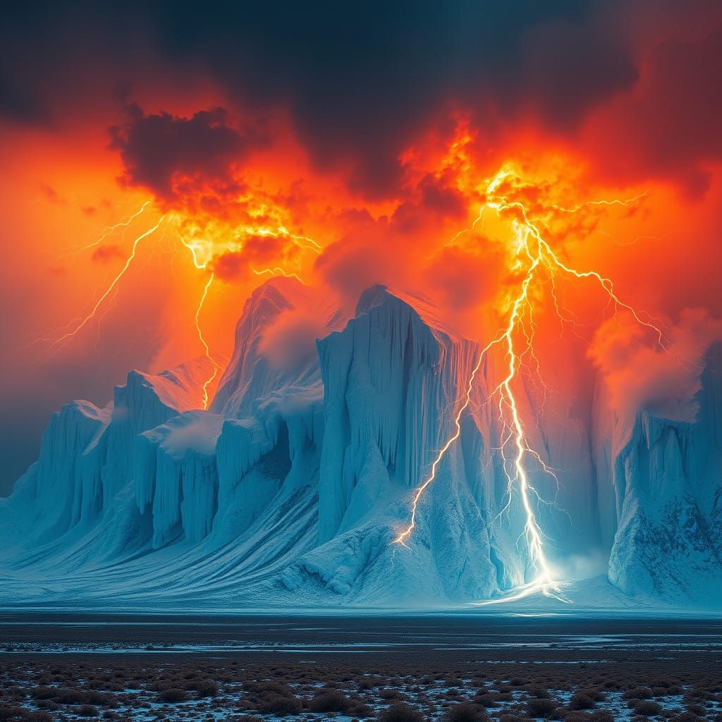 Apocalyptic burning thunderstorm over an iceberg