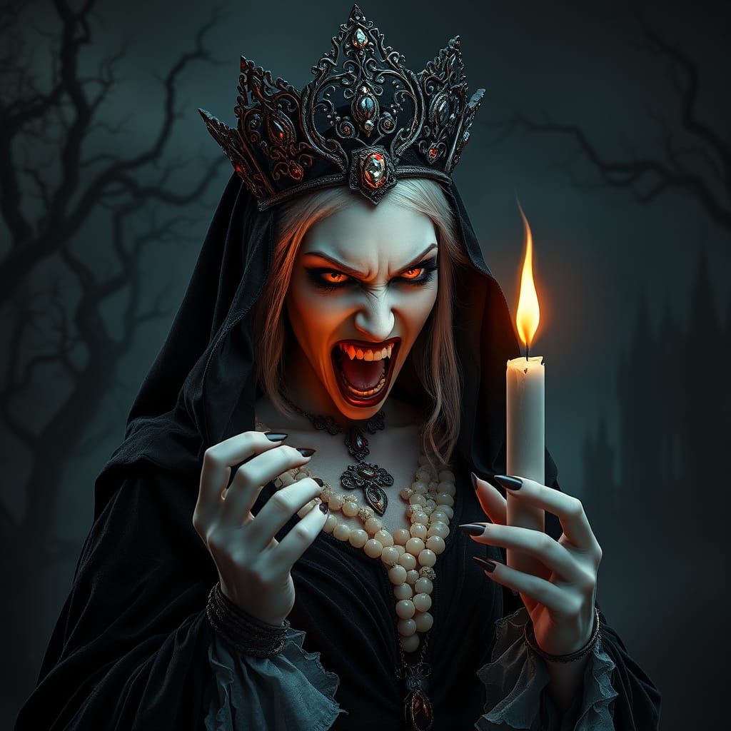 Gothic Vampire Queen in Rage with Candle and Crown - AI Art