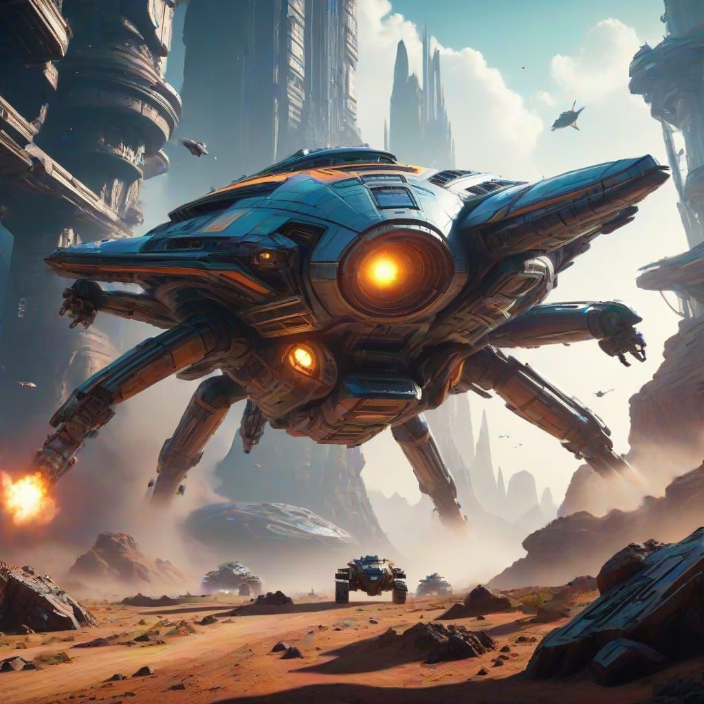 Sci-fi alien spacecraft landing on a giant robotic infested planet. Big ...