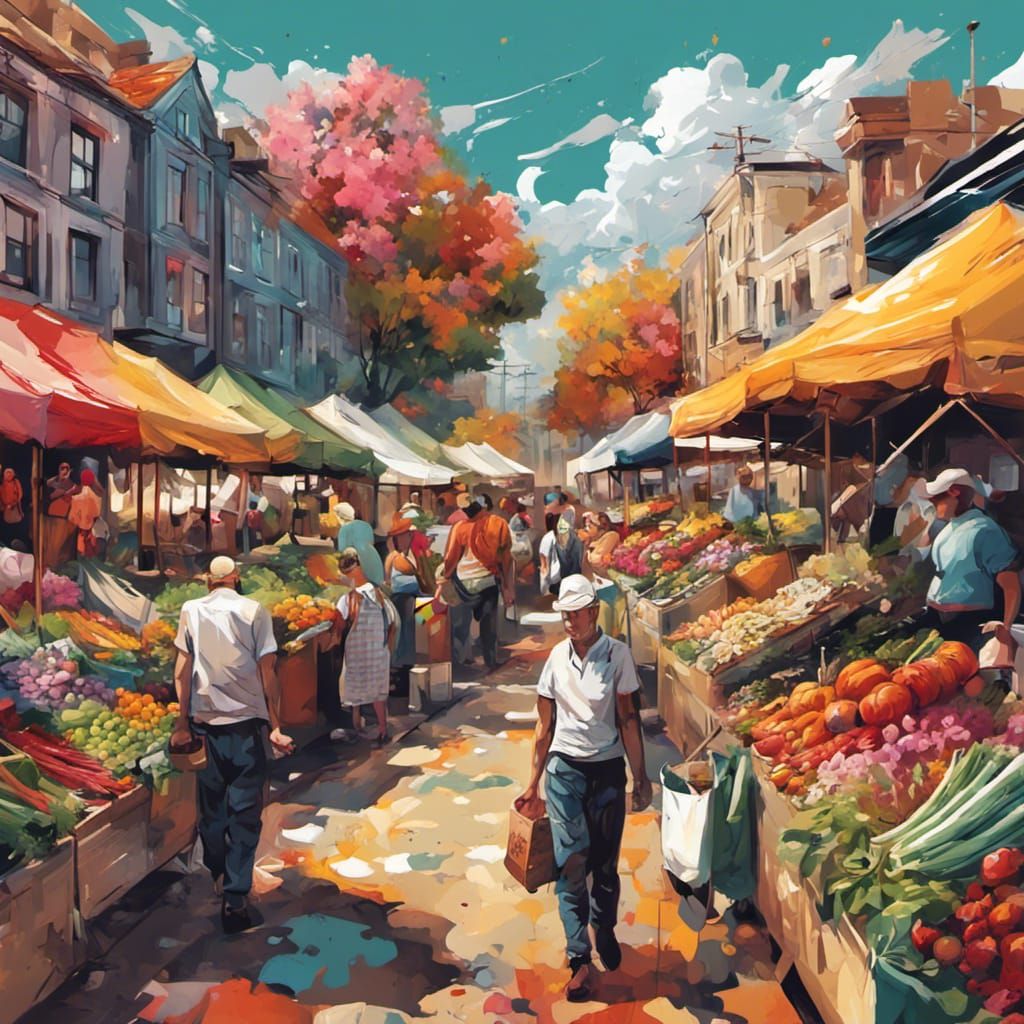 "Detailed farmers market filled with flowers, vegetables and people ...