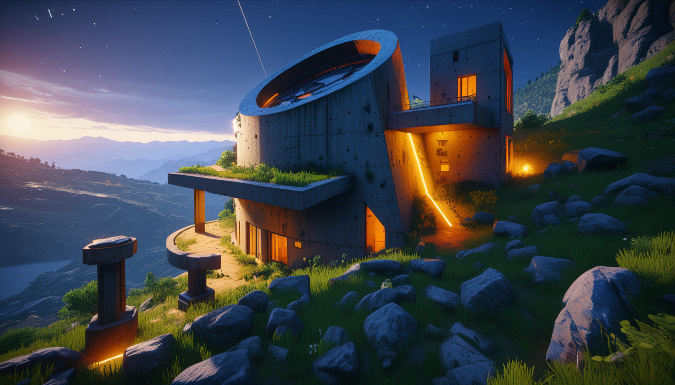 Epic Earth-Colored Concrete Building in Sunset Glo... - AI Art