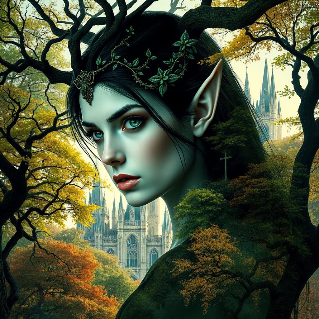 A Silhouette Portrait of an Elves Queen in Castle's Woods