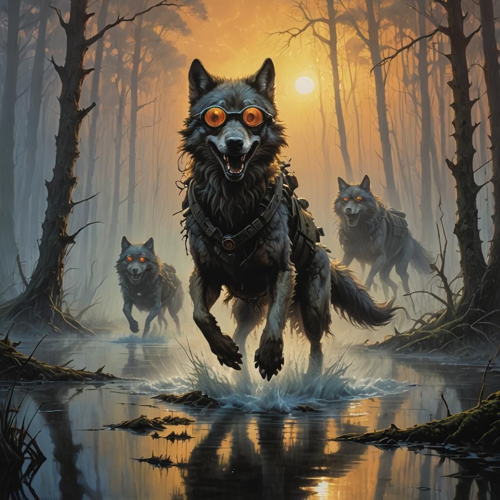1wolf,wolf wearing goggles running through a misty swamp at sunset ...