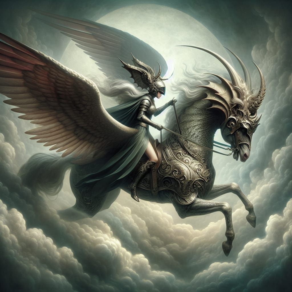 A winged female knight riding the Clouds. - AI Generated Artwork ...