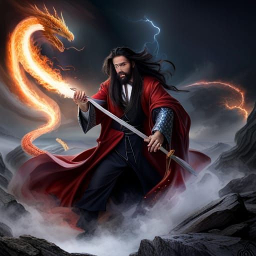 medium shot black american wizard fighting dragon, black-american man ...