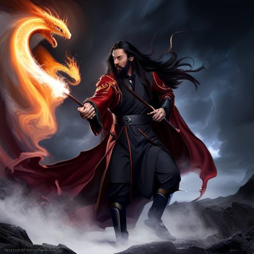 medium shot black american wizard fighting dragon, black-american man ...