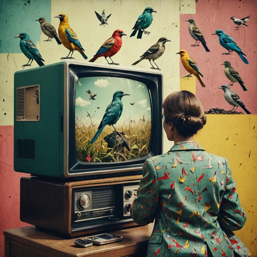 The tv woman in the colorful suit looks from an old tv, there are ...