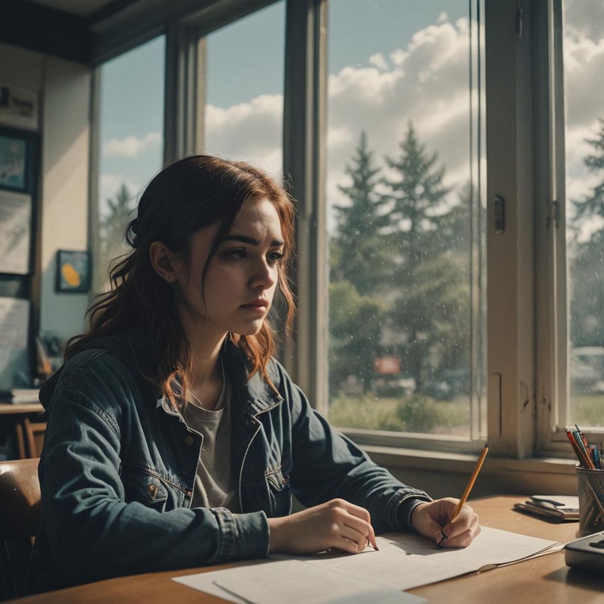 Can you make a beautiful kind of emo girl sitting on her desk in high ...