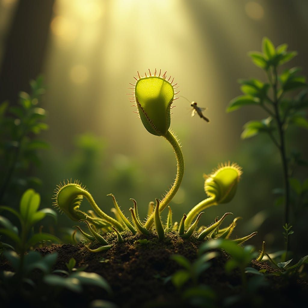 Majestic Venus Flytrap Concealed in Lush Foliage - AI Art