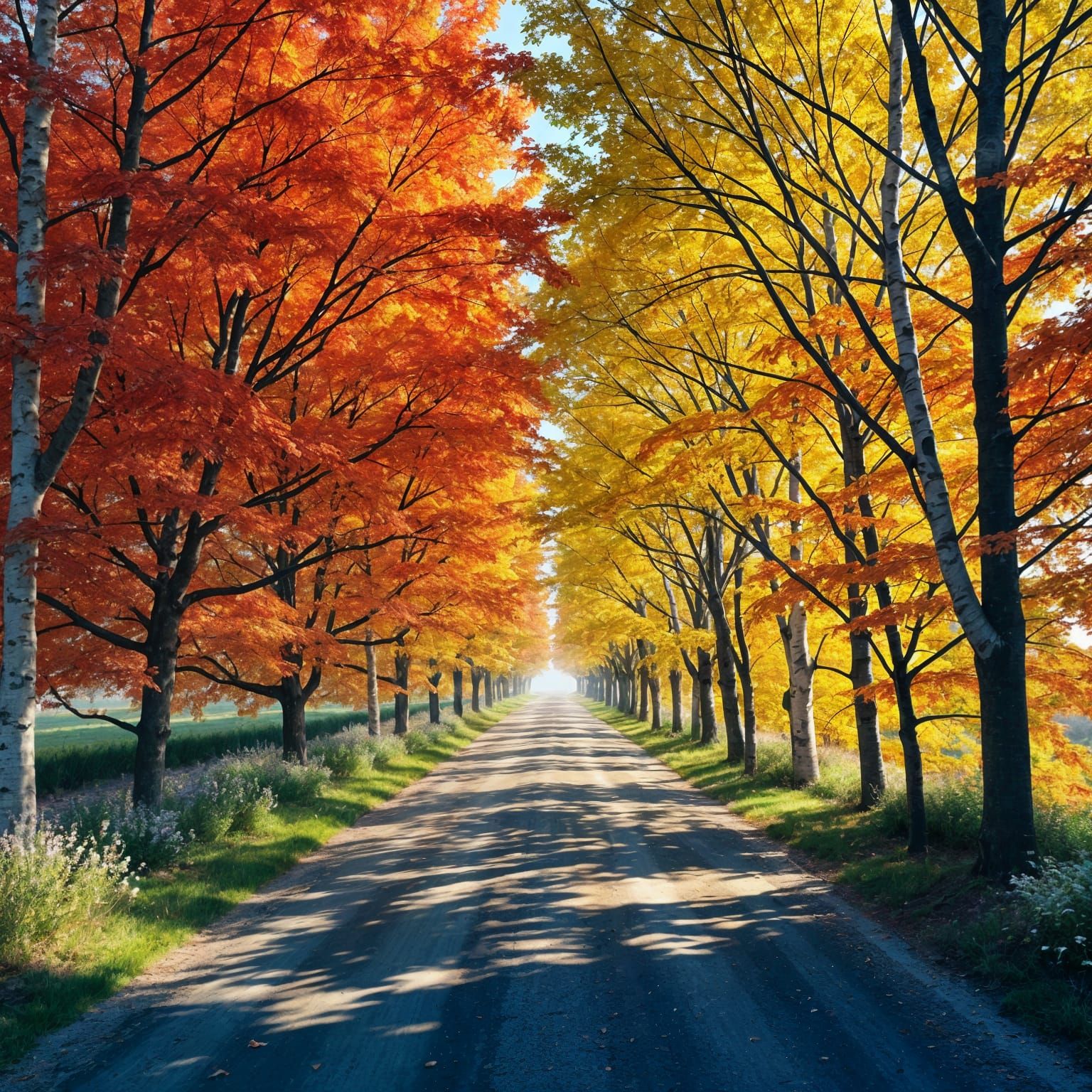 Japanese maple and birch trees lining a long, straight dirt road.