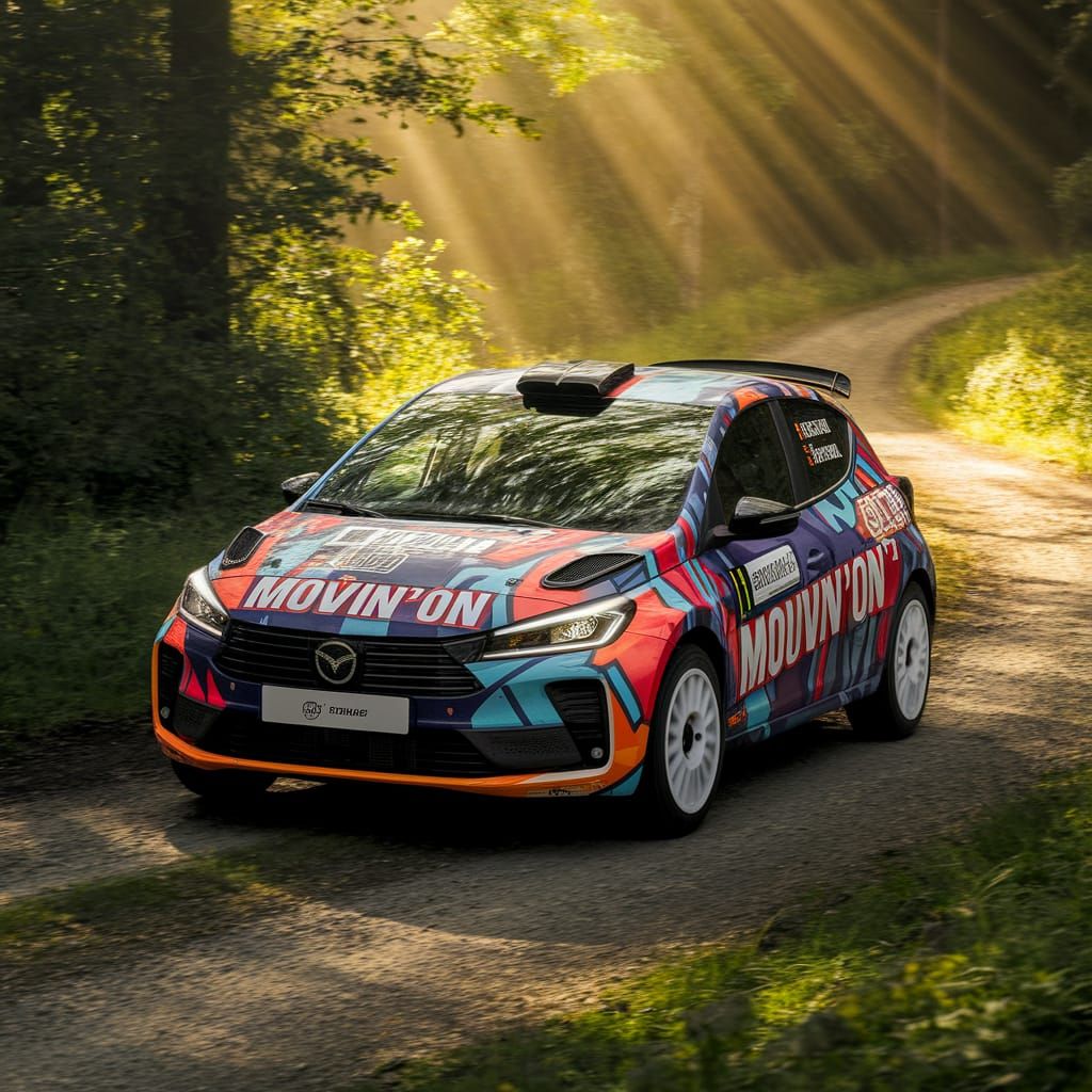 Yugo rally car wrapped in "movin' on" artwork