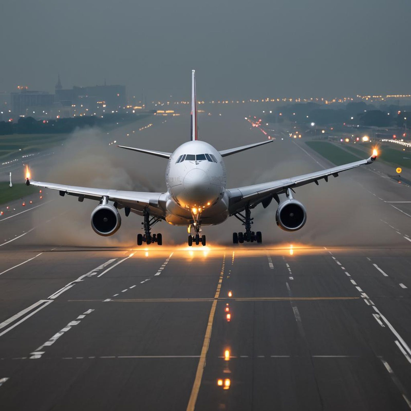 An Airbus A380, illuminated by runway lights, approaches the ground ...