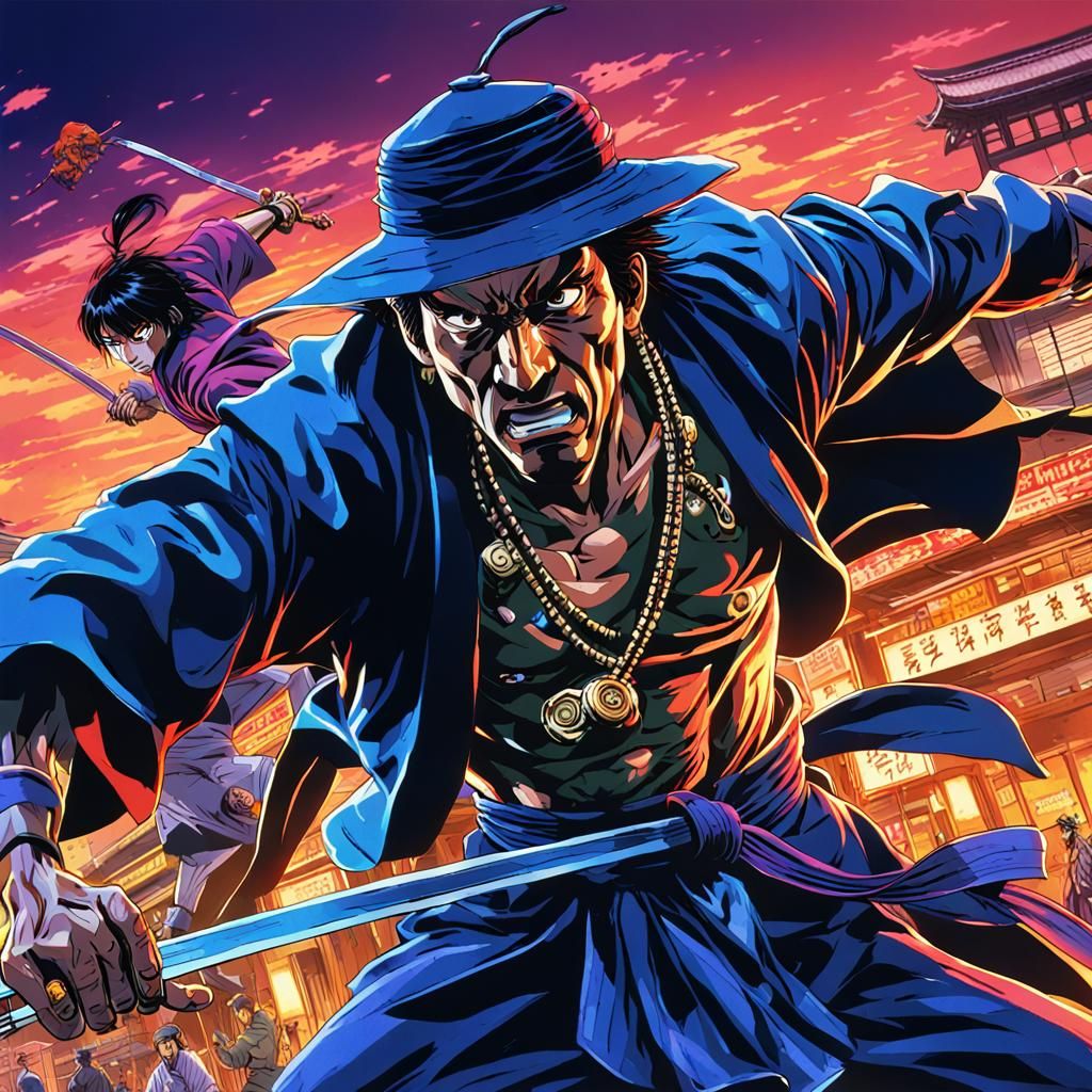 Ninja scroll fighting the psychedelic pimp villain intricate details ...