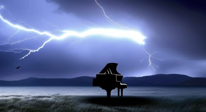 music, piano, lightning, crow wings, stormy, magic, wallpaper - AI ...