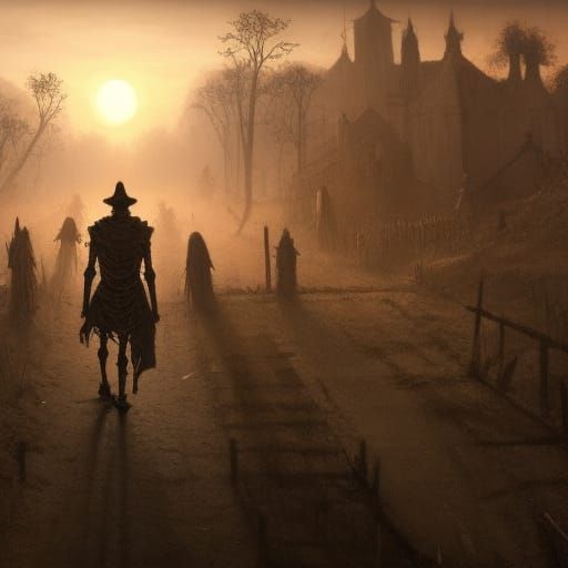 lone skeleton stumbling down the road towards a medieval town during ...