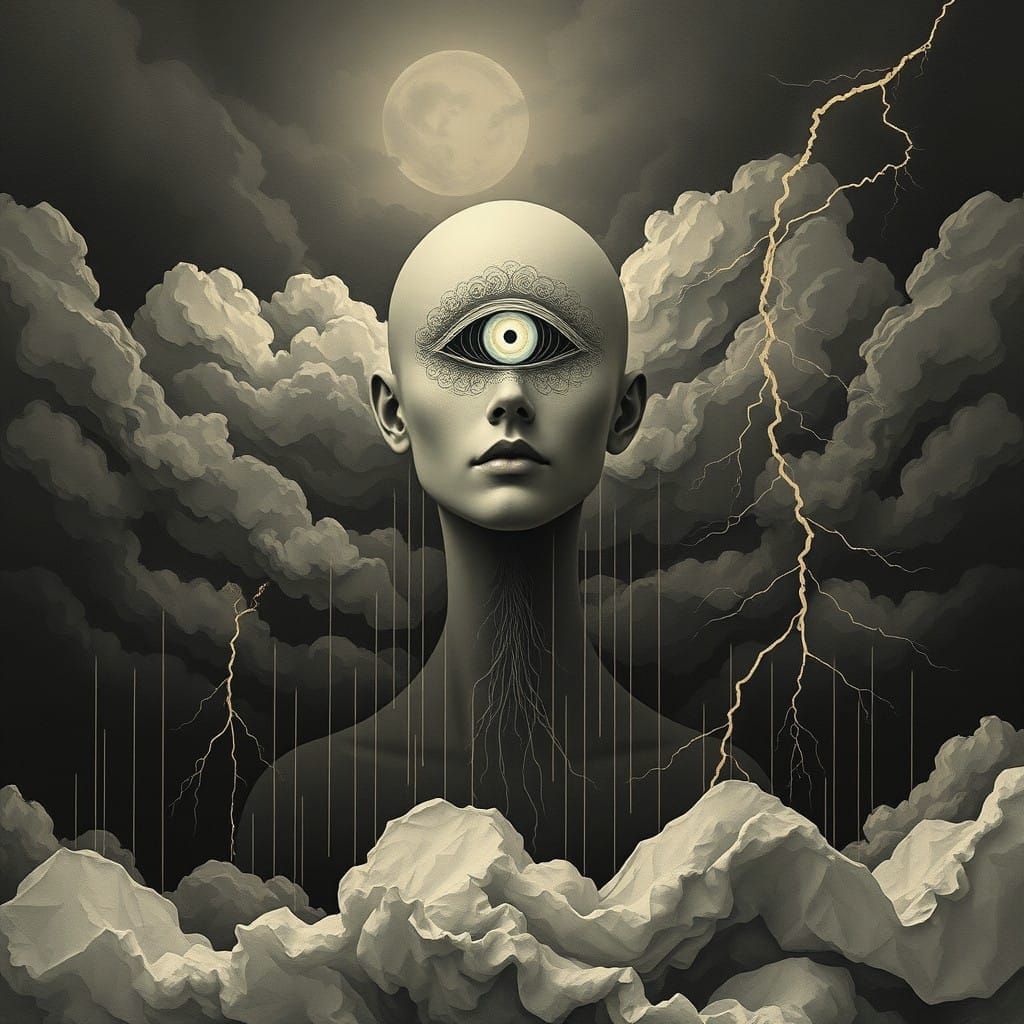 A striking surrealist painting of a shadowy female figure, devoid of ...