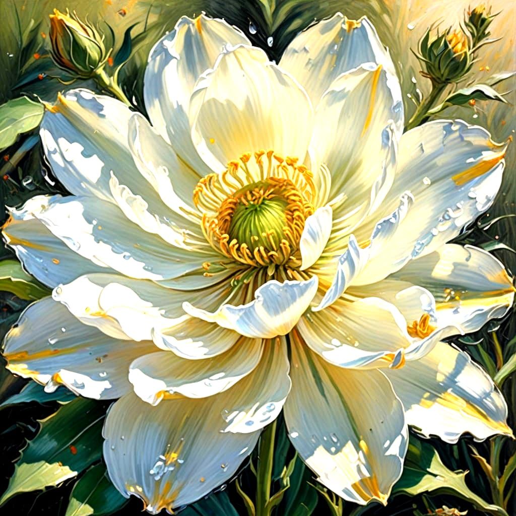 Flower in intricate detail with drops of dew visible on the petals