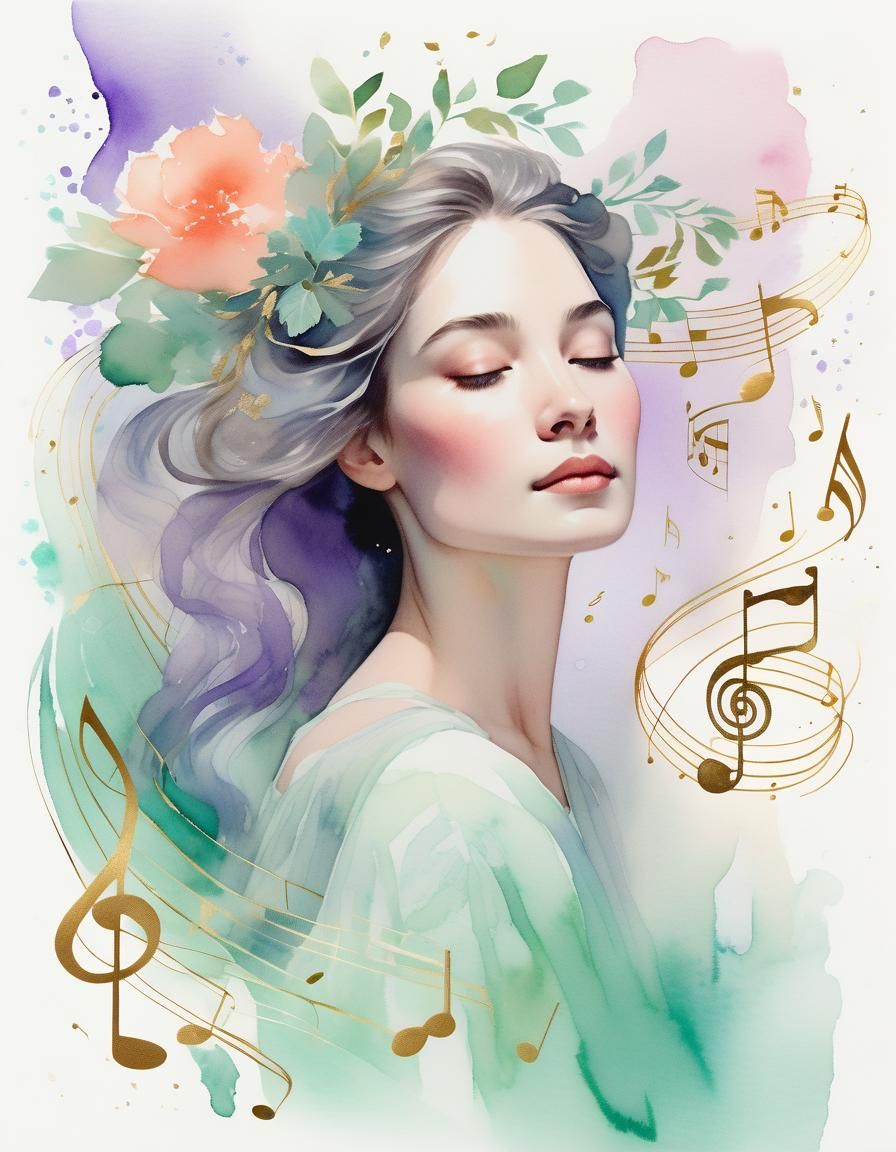 A gentle, ethereal woman surrounded by a vibrant, musical aura - AI ...