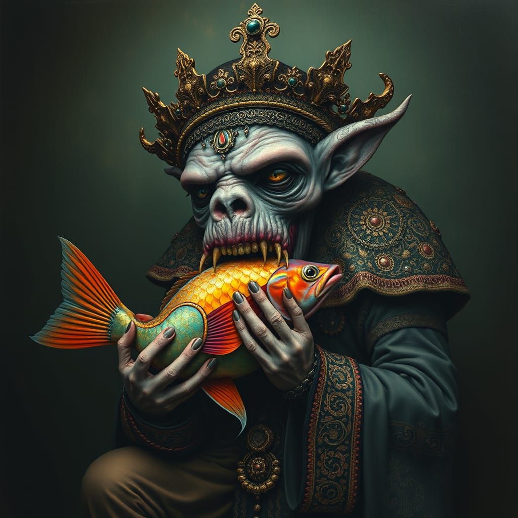 Homunculus eating fish. - Surreal Homunculus Devours Iridesc...