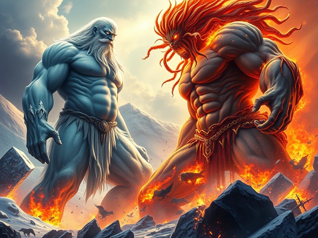 Colossal Giants Engage in Epic, Elemental Battle - AI Art