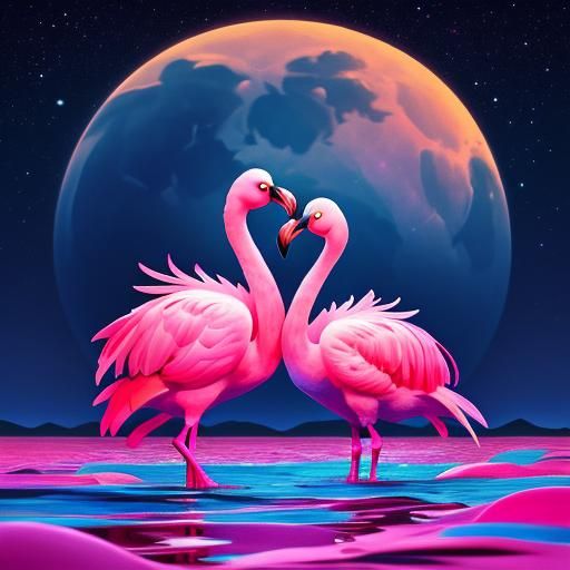 Pink flamingos on the sea by night sky moonlight beautiful colors fine details beautiful artwork ...