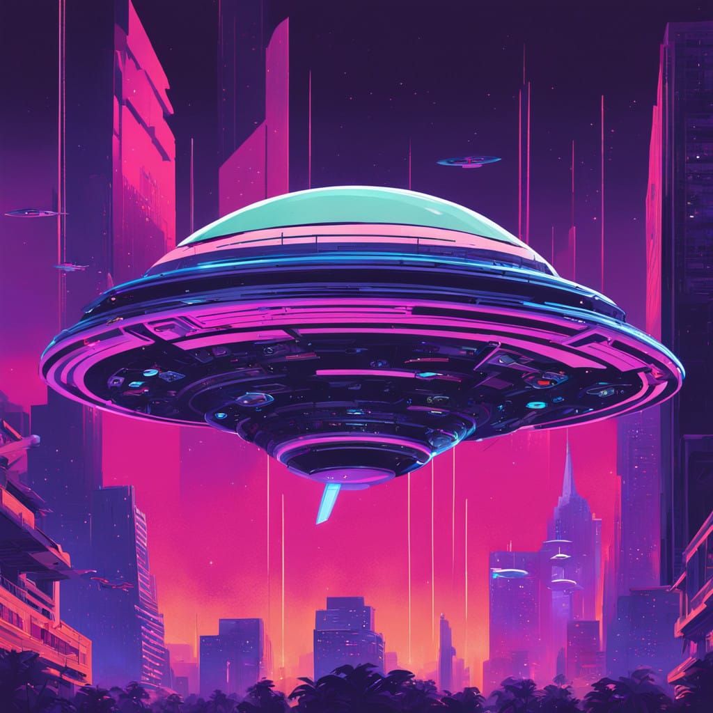 Synthwave UFO - Retro-Futuristic Metropolis Invaded by Neon-...