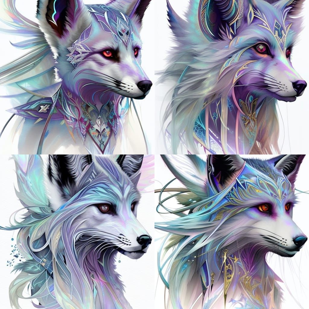 (iridescent, and silver) portrait of a magical ghost fox, frost aura ...