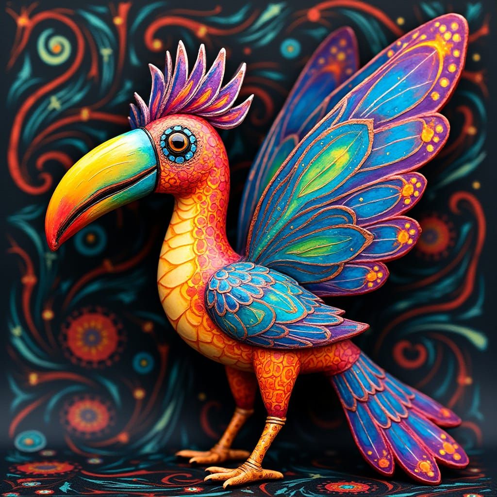 Vibrant Mexican Alebrije Tucan with Dragon and But... - AI Art