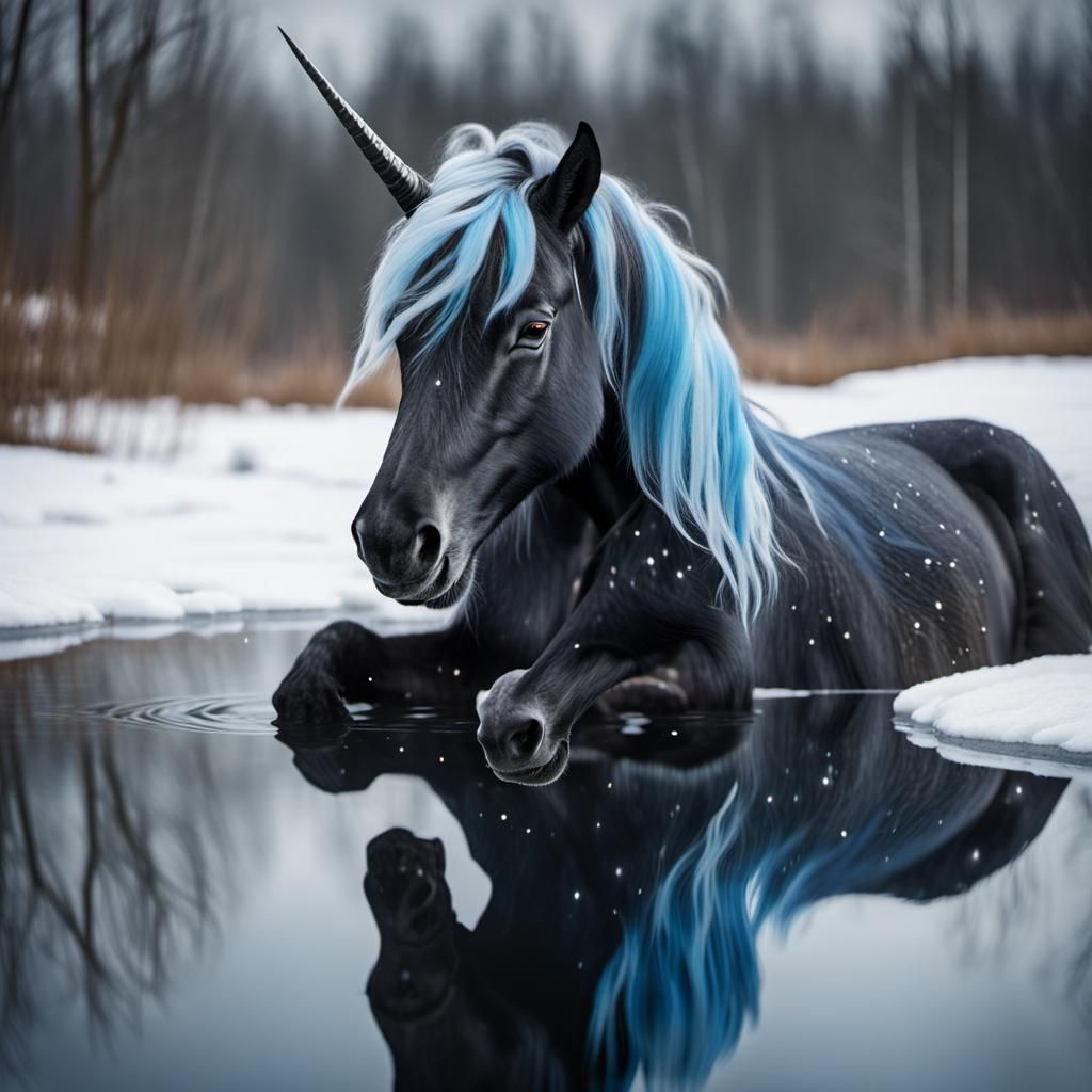 A gorgeous black Unicorn with a multi colored mane of sky blue, silver ...